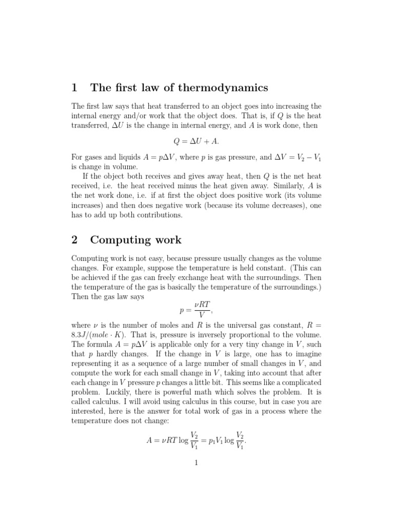 1 The First Law of Thermodynamics: Q U A Q U A. A P V P V V V Q A | PDF