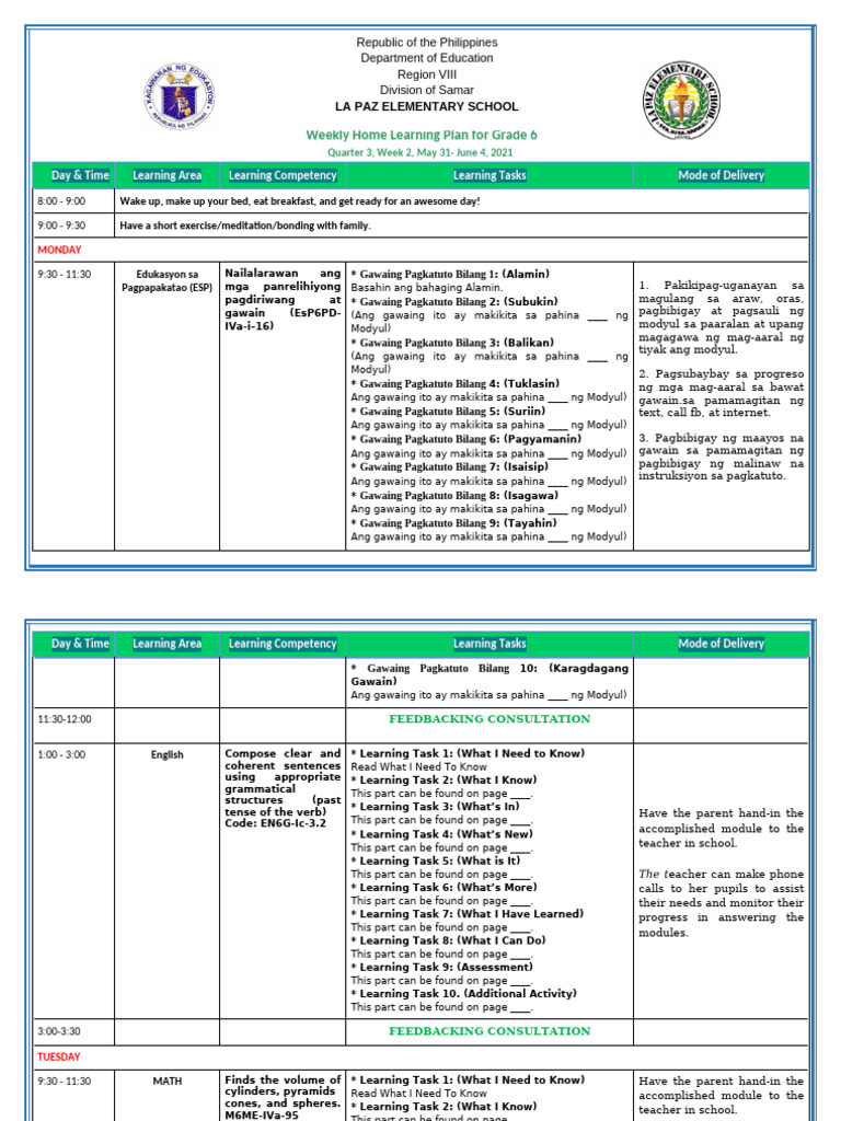 Grade 6 - All Subjects - WHLP - Q4 - W2 | PDF