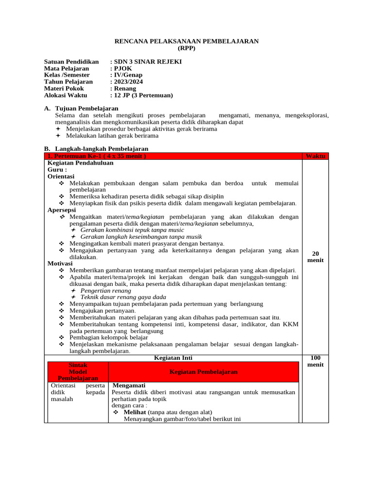 RPP. 3.8 Renang | PDF