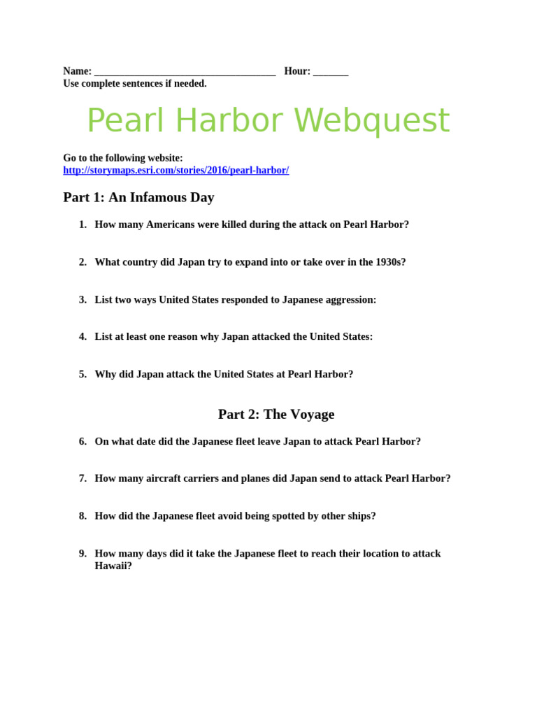 Pearl Harbor Webquest | PDF