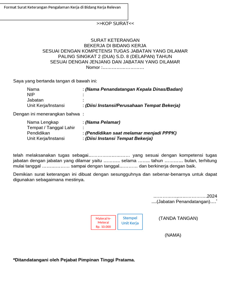 Lampiran Vii - Format Surat Keterangan Bekerja Dibidang Relevan | PDF