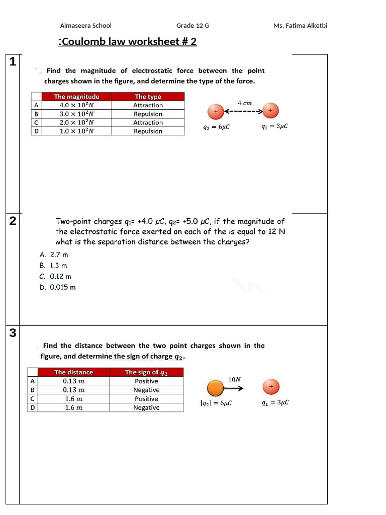 Coloumb Law Worksheet#2 | PDF