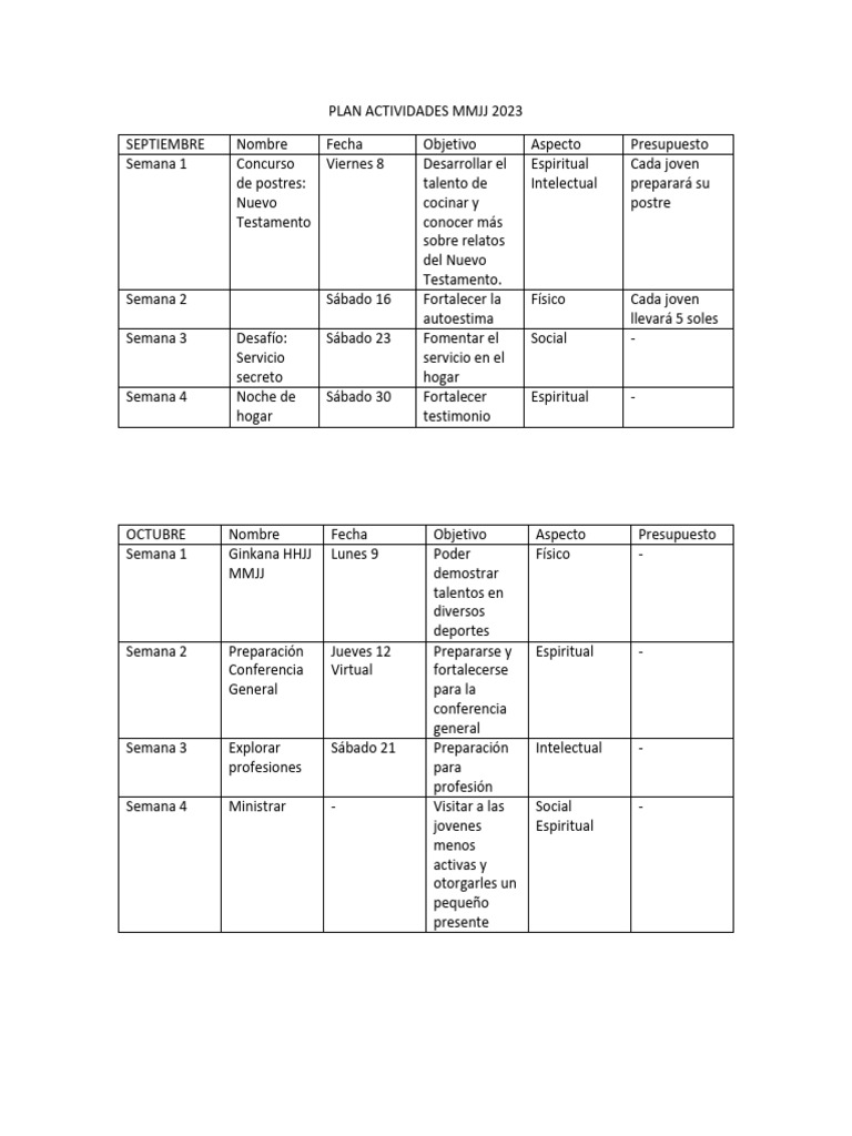 PLAN-ACTIVIDADES-MMJJ-2023 | PDF