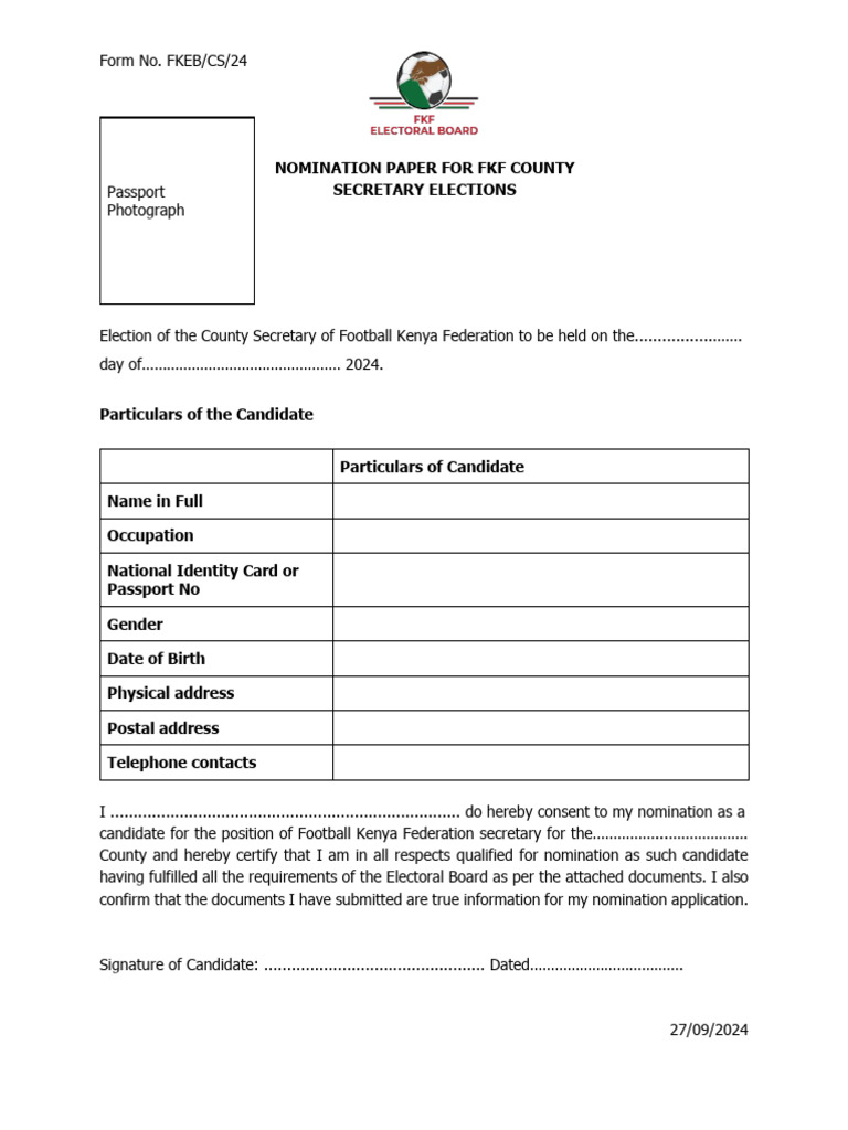 Form - No. - FKEB - CS - 24 - Secretary Nomination Paper | PDF