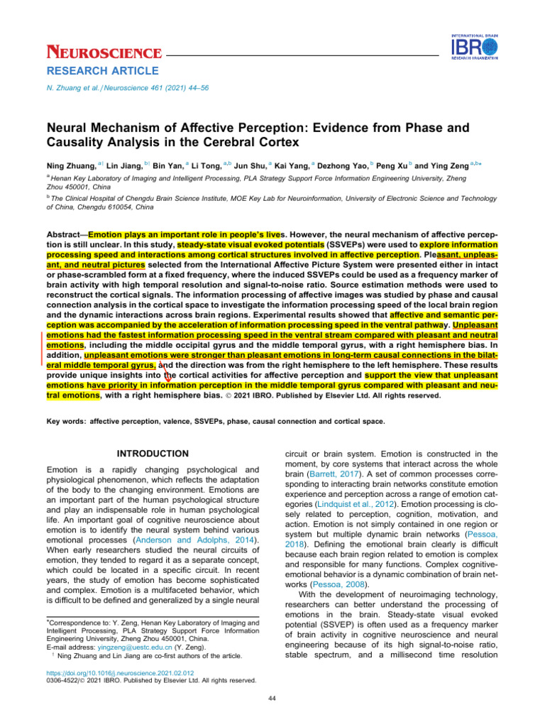 Neural Mechanism of A Ective Perception - Evidence From Phase and Causality Analysis in The ...