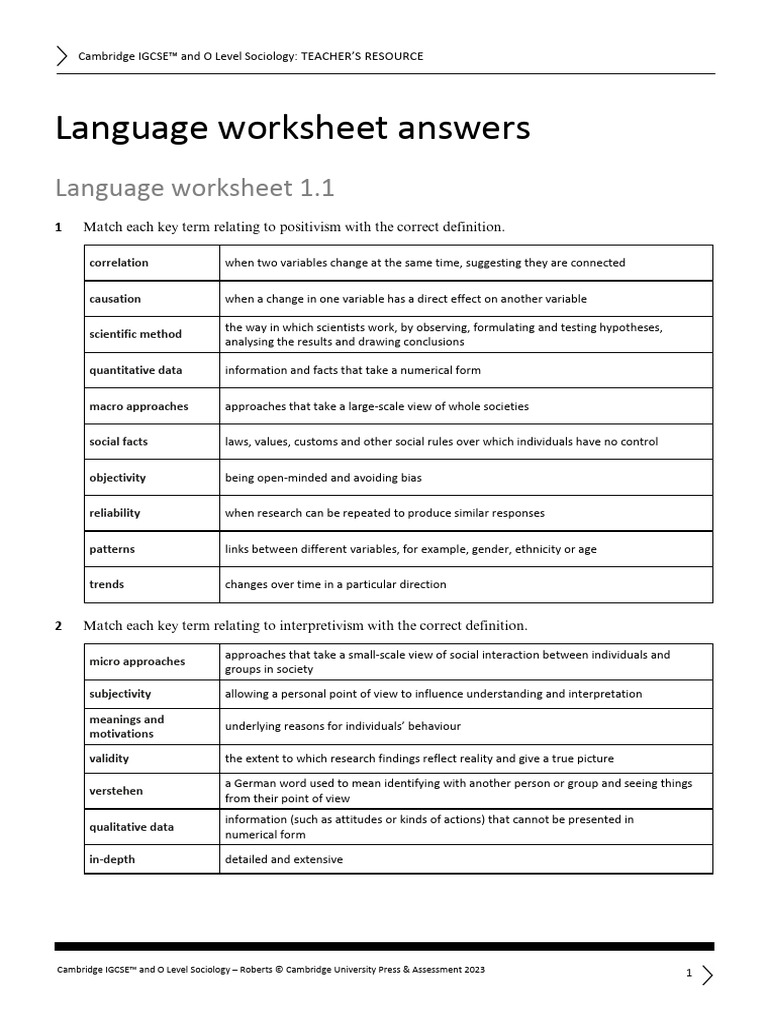 IGCSE Sociology TR Language Worksheet 1.1 Answers | PDF