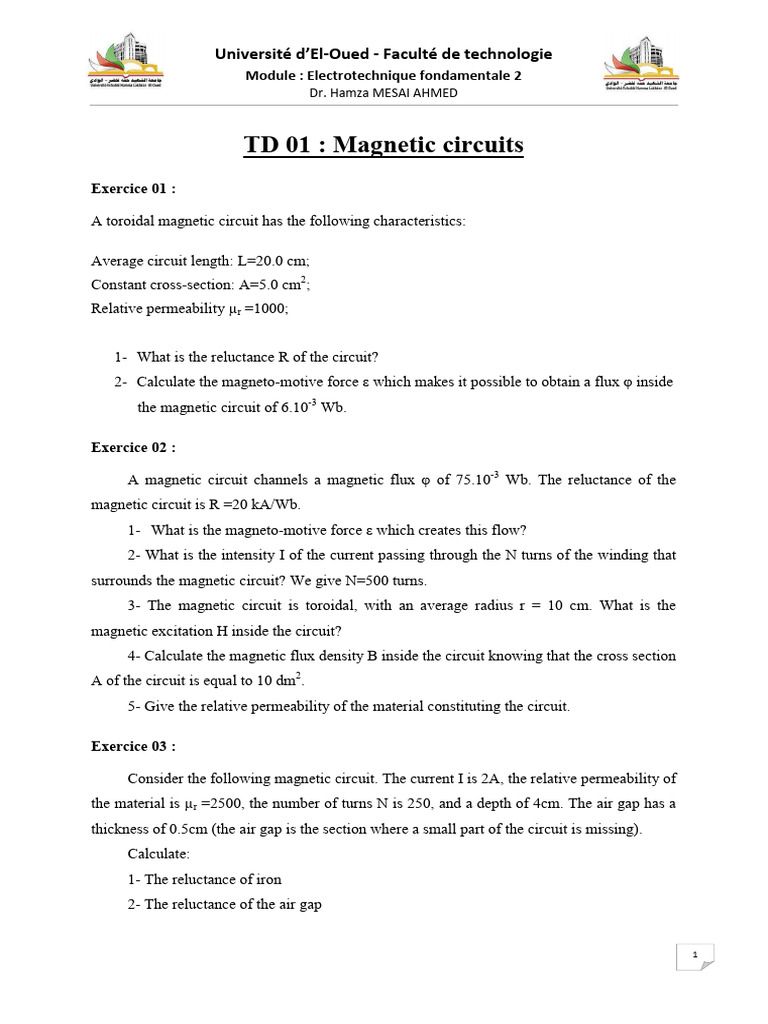 TD 01 Magnetic Circuits | PDF | Condensed Matter Physics | Electrical Engineering