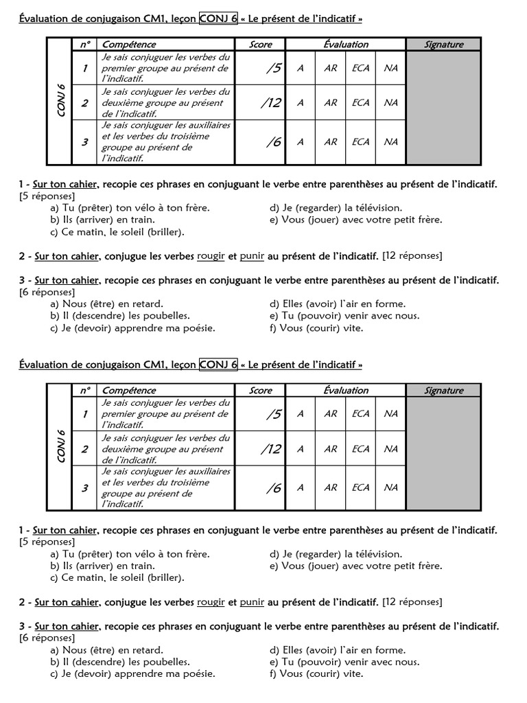 CM1 Le Present de Lindicatif Evaluation | PDF