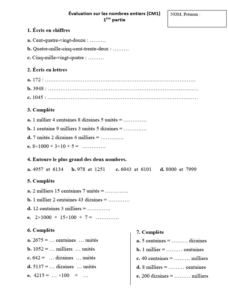 Evaluation Initiale CM1 | PDF