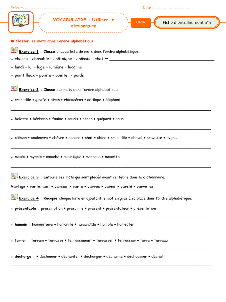 Fiche 1 Utiliser Le Dictionnaire Classer Les Mots Dans L Ordre Alphabetique | PDF
