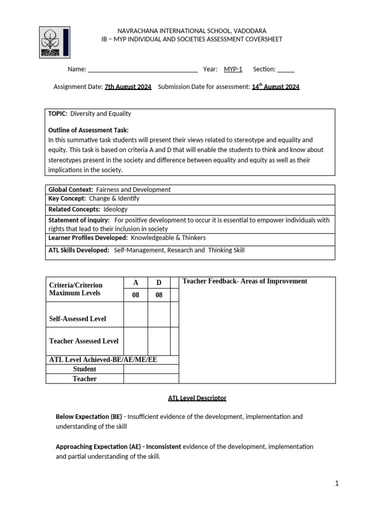 MYP 1 I S Summative Assessment Paper On Diversity Equality | PDF