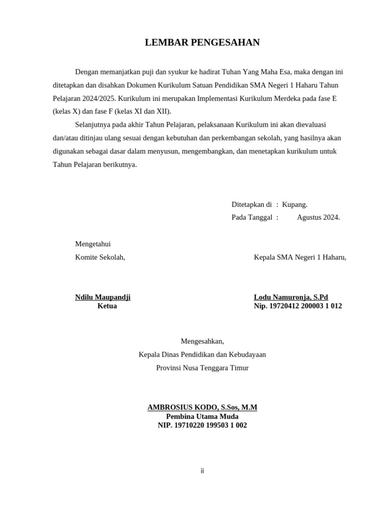 Lembar Pengesahan, Kata Pengantar Dan Daftar Isi KOSP SMAN.1 Haharu 2022-2023 | PDF