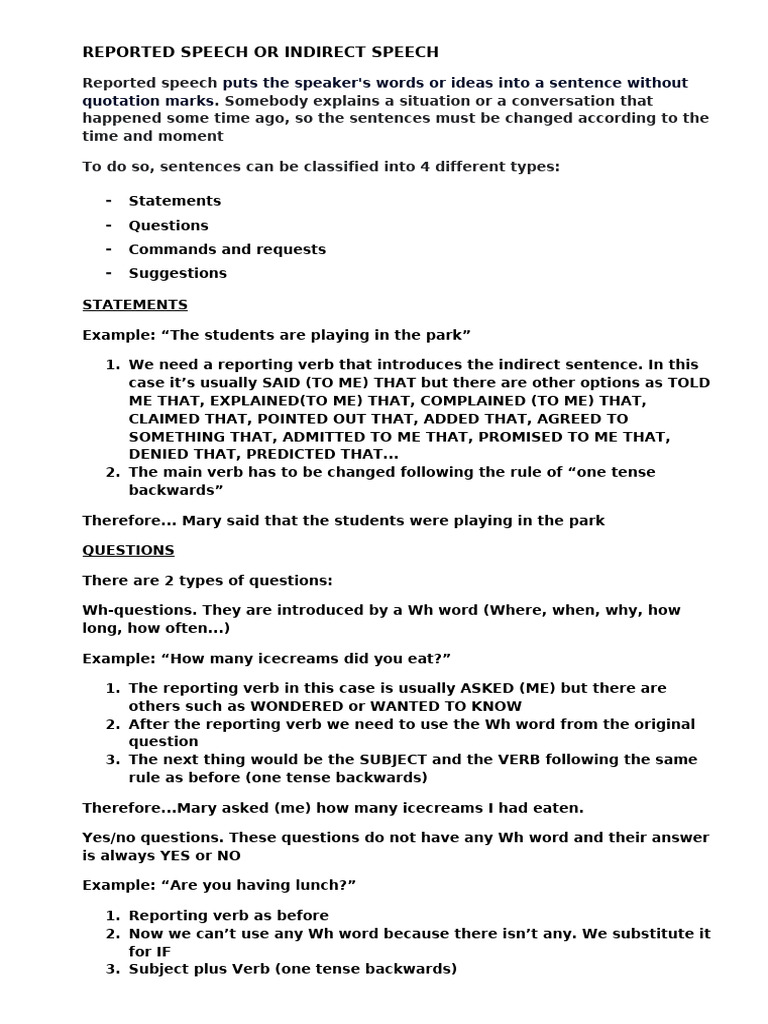 Understanding Reported Speech Rules | PDF | Question | Linguistic ...