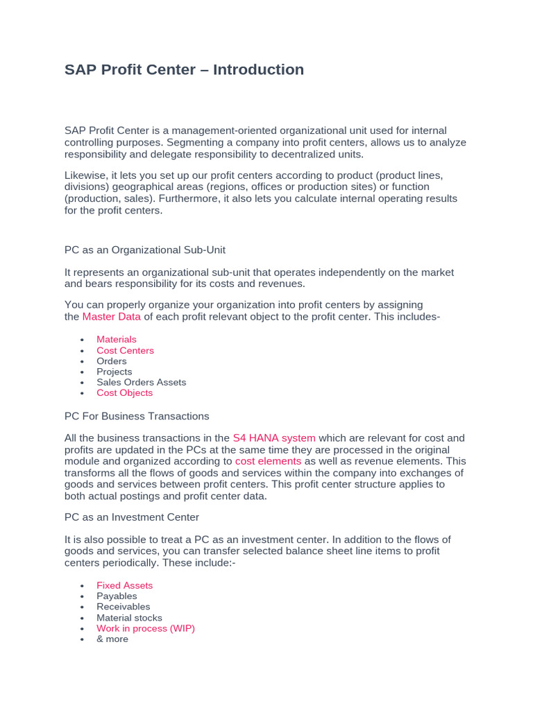 SAP Profit Center Introduction | PDF