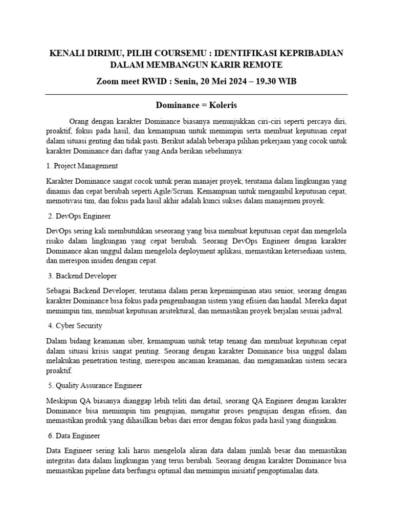 Kenali Dirimu Pilih Coursemu - Identifikasi Kepribadian Dalam Membangun Karir Remote | PDF