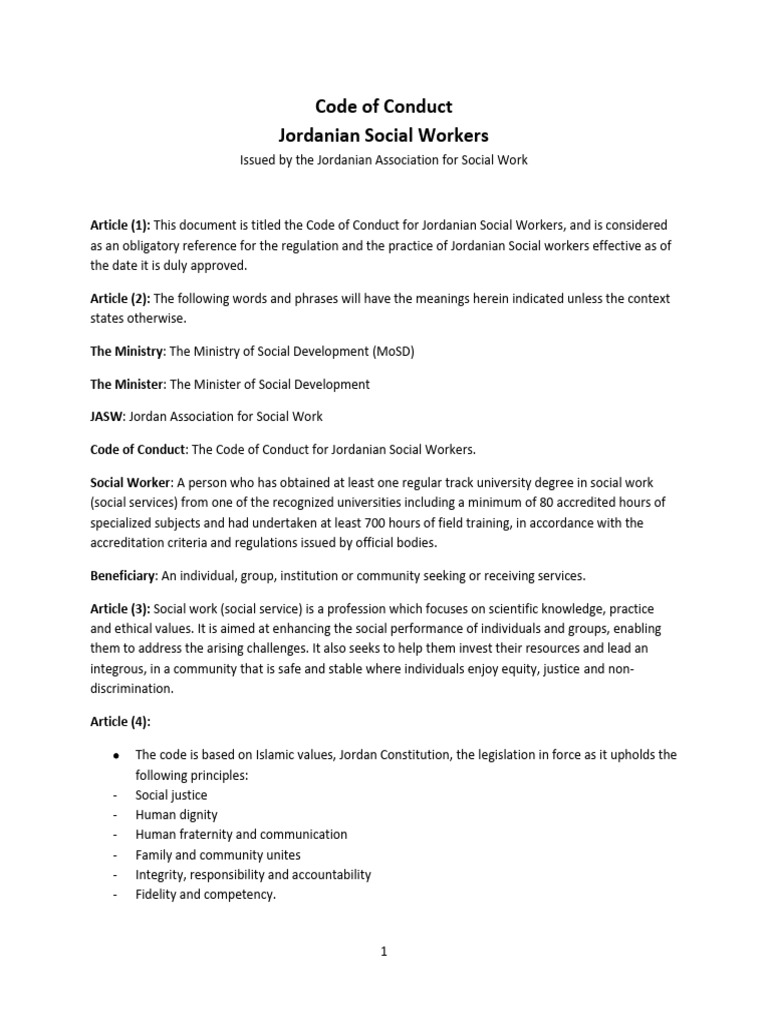 Jordanian Social Workers Code of Conduct - Draft | PDF