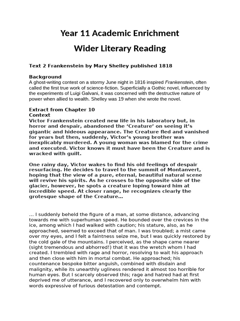 GCSE Wider Literary Reading Text 2 Frankenstein | PDF