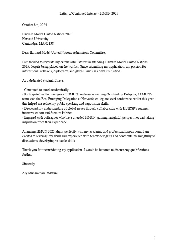 Letter of Continued Interest HMUN 2025 | PDF