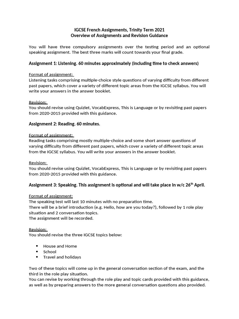Guidance For The French Igcse Assignments Acl | PDF