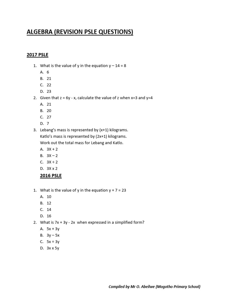 Algebra Revision Psle Question Multiple Choice | PDF | Algebra | Equations