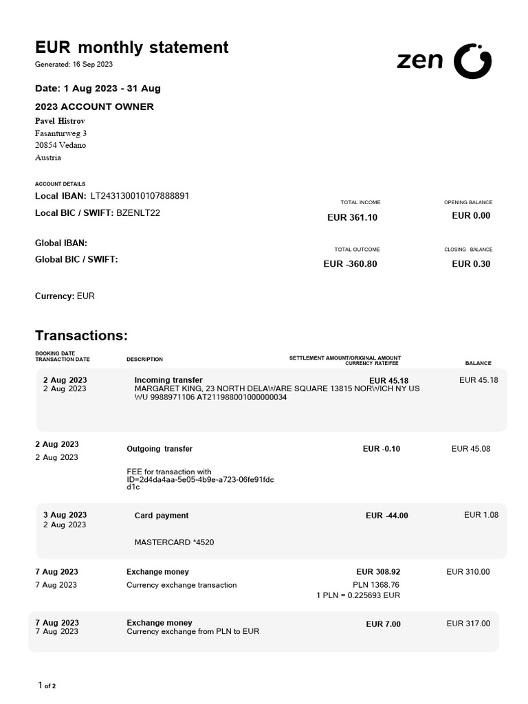 EUR Monthly Statement: Transactions | PDF