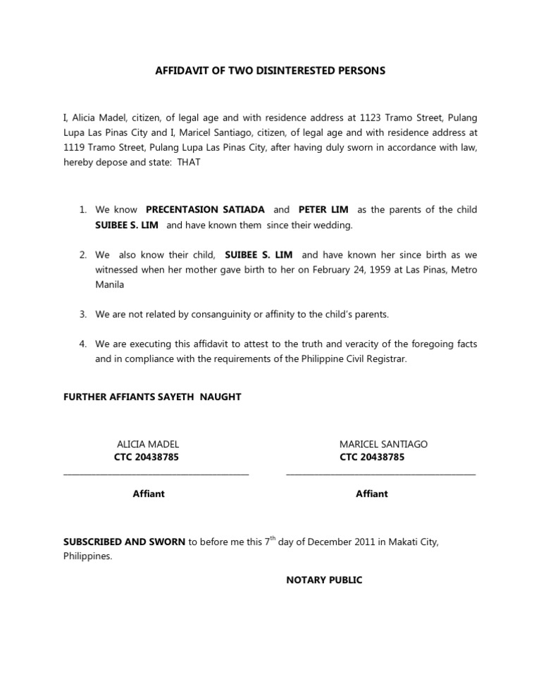 Affidavit of 2 Disinterested Persons | PDF
