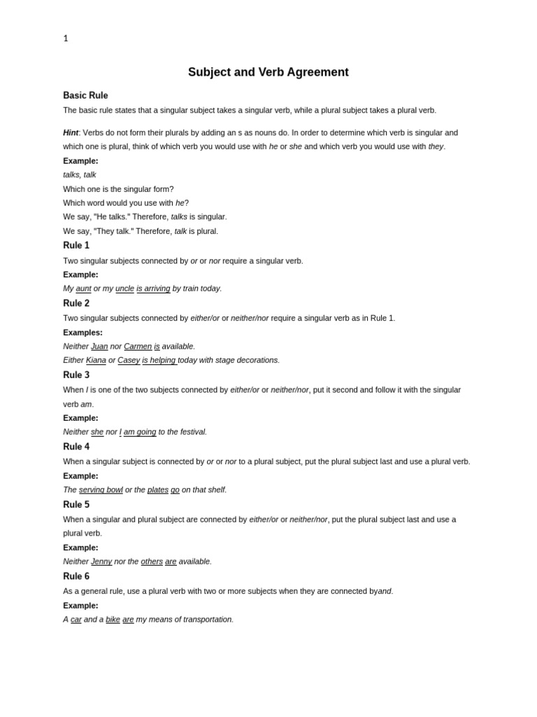 Subject and Verb Agreement - Basic Rules | PDF | Grammatical Number ...