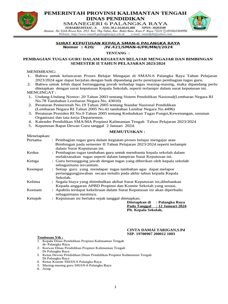 SK Tugas Mengajar Dan Tugas Tambahan Semester I TP 2023-2024-3 Pak Damai | PDF