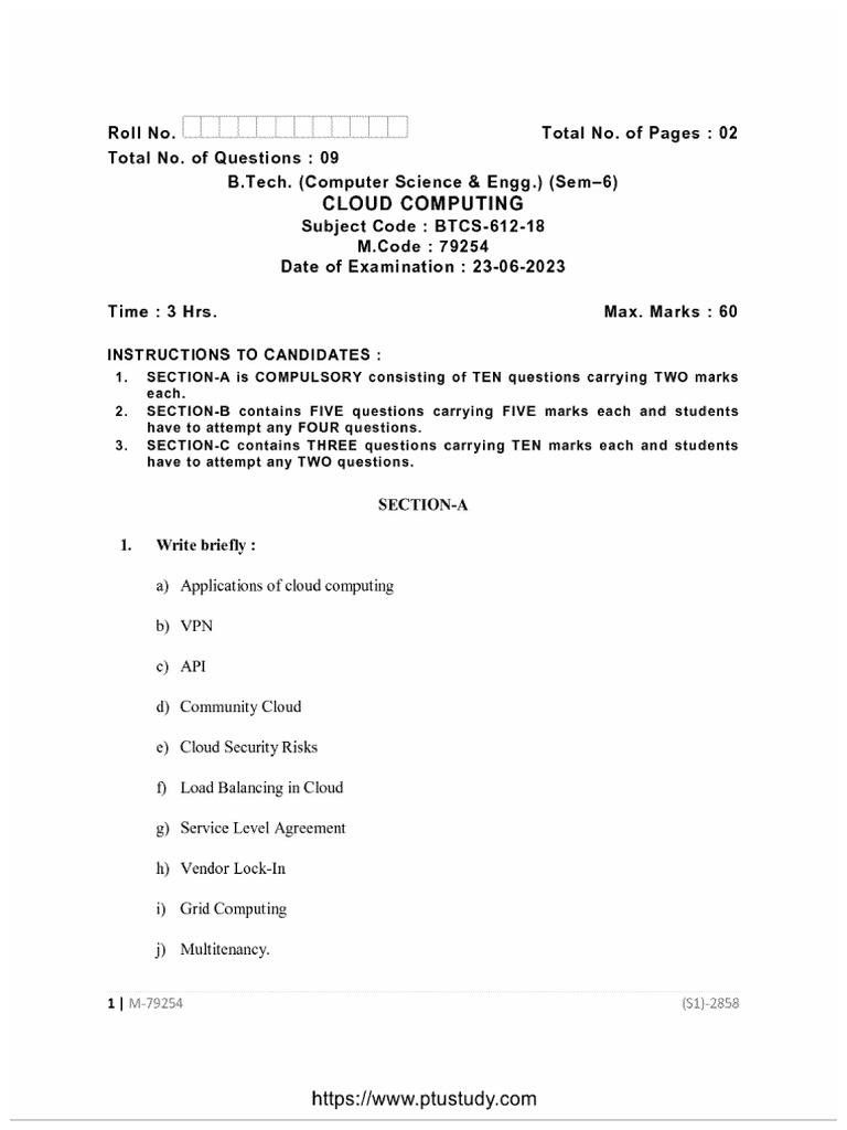 Btech Cse 6 Sem Cloud Computing 79254 Jun 2023 | PDF