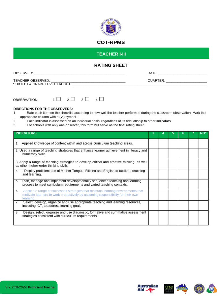 Teacher Observation Rating Sheet | PDF | Teachers | Business
