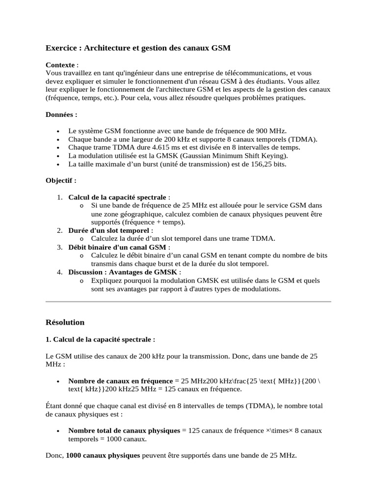 Exercice: Architecture Et Gestion Des Canaux GSM | PDF