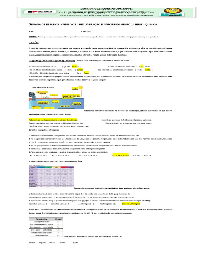 1em Quim 3 Bim Prova Paulisa | PDF