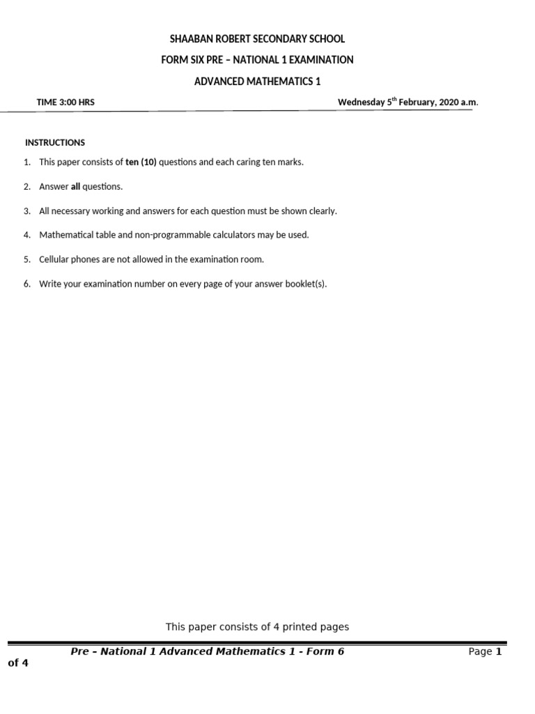 F6 PRE -NATIONAL EXAMINATION FORM 6 PAPER 1 | PDF