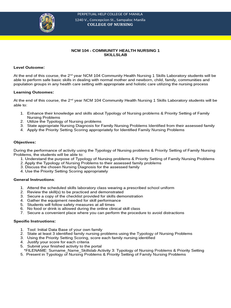 CHN 1 SKILLSLAB Midterm Activity 3 Typology of Nursing Problems and Priority Setting | PDF ...