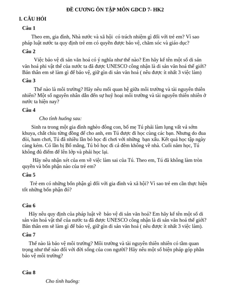 Đề Cương Ôn Tập Môn GDCD 7 - HK 2 | PDF