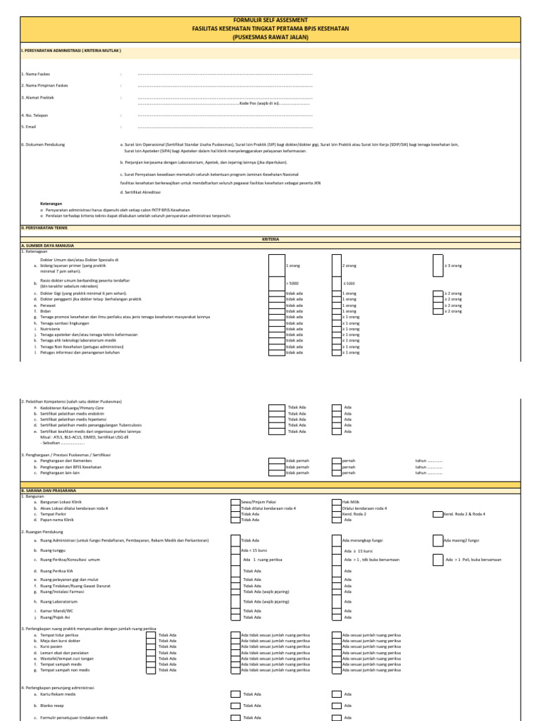 Formulir Self Assesment FKTP Tahun 2023 PKM Rawat Jalan | PDF