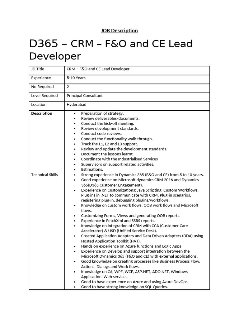 D365 - CRM FO and CE Lead Developer | PDF