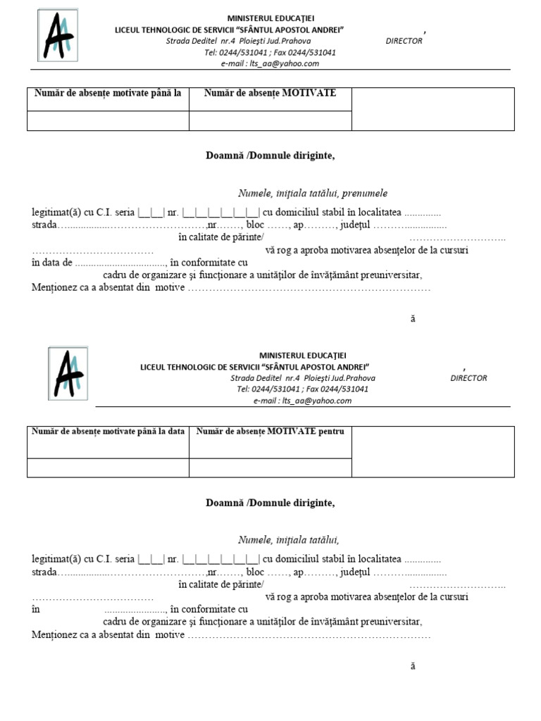 Cerere Motivare Absente Liceu, Gimnaziu, Primar | PDF