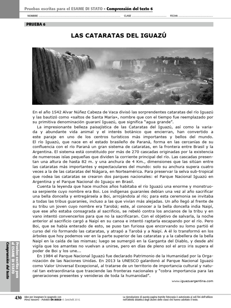 6 Comprension Del Texto - IGUAZÚ - Prueba 6 | PDF