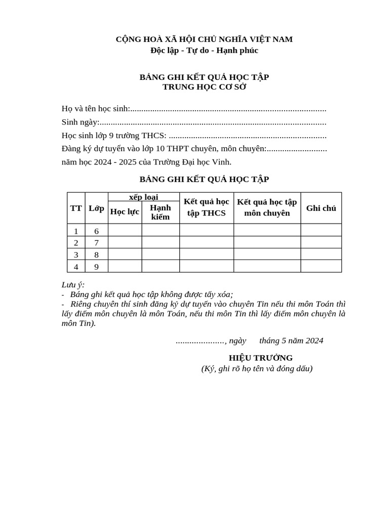 Bảng ghi kq học tập | PDF