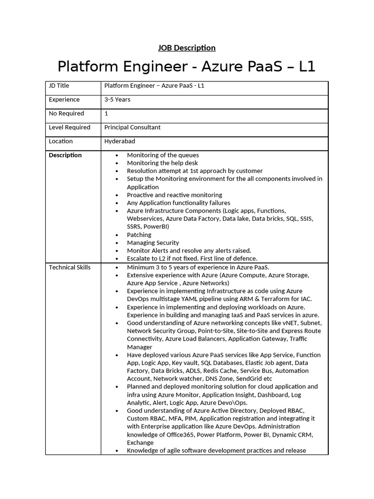Platform Engineer - Azure PaaS - L1 | PDF