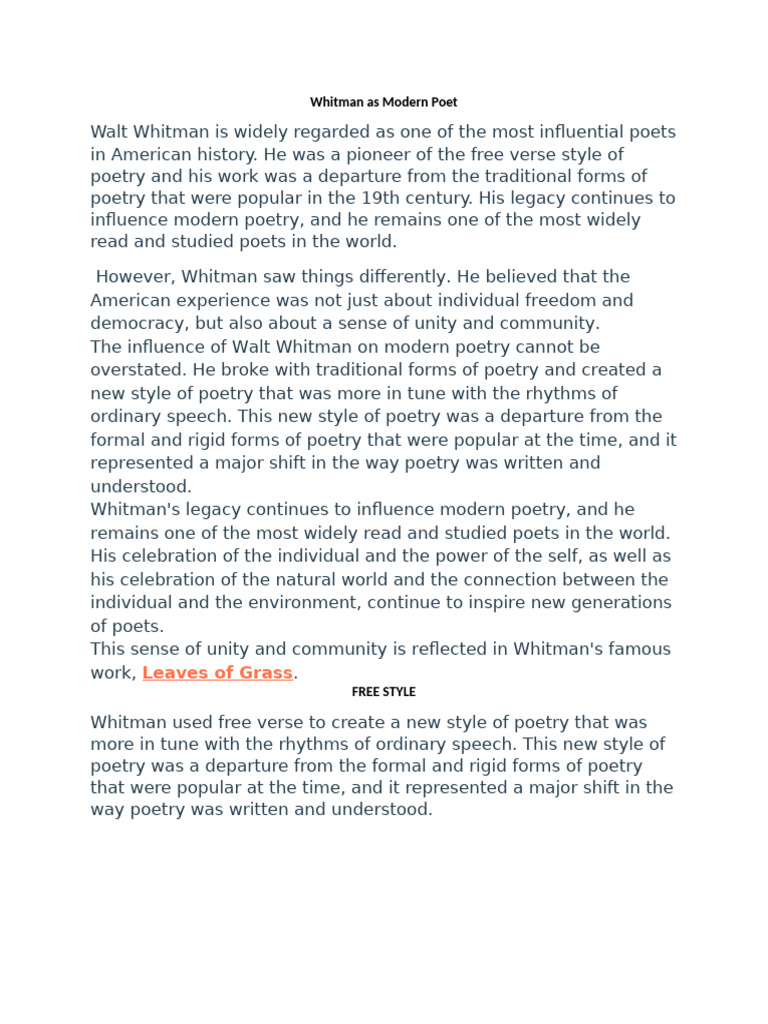 Whitman As Modern Poet | PDF