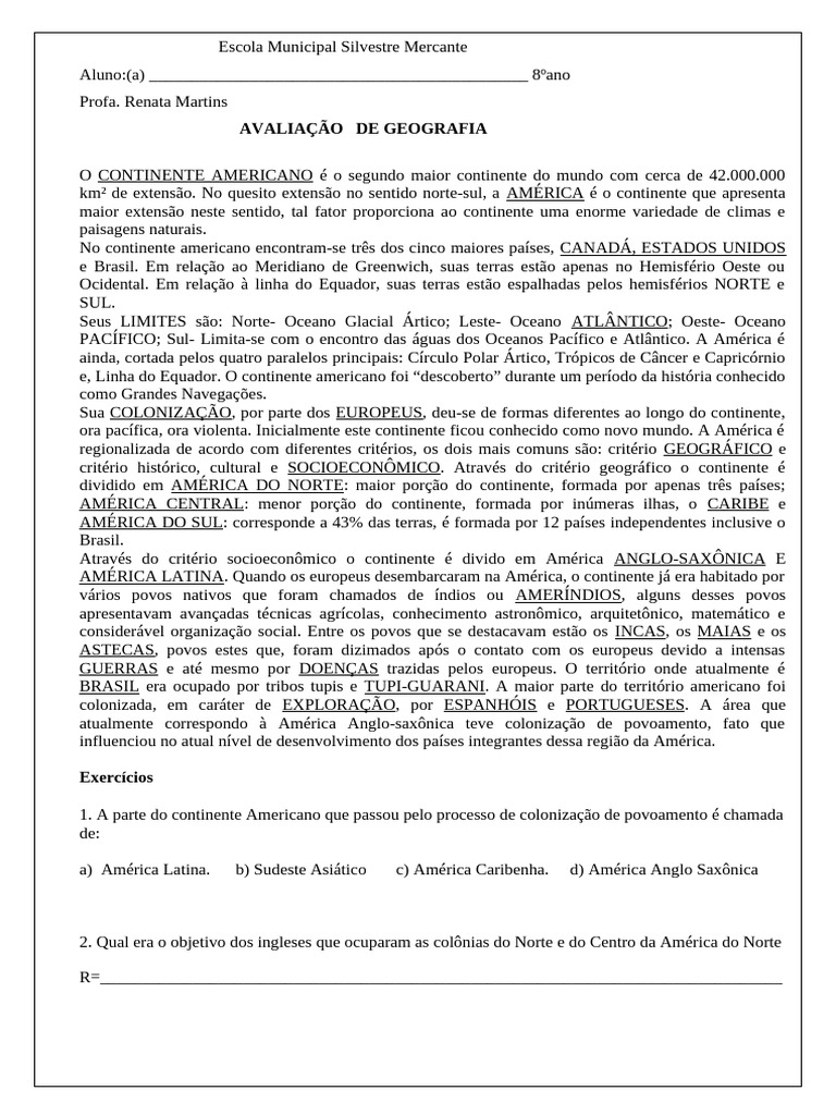 Atividade 8º e 9ºano Continente Americano | PDF