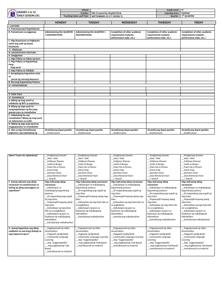 DLL - Filipino 4 - Q1 - W9 | PDF
