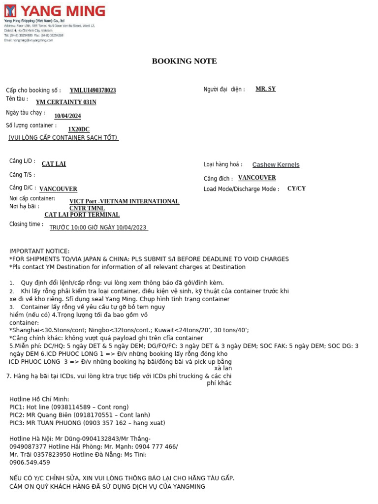 Booking note yangming | PDF