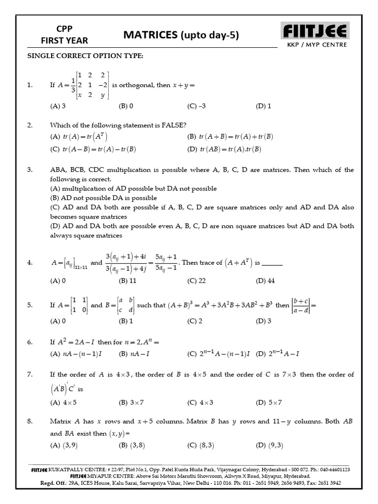 FIRST YEAR - MATHS - MATRICES (Upto Day-5) - CPP (MNR) - 14-08-23 | PDF
