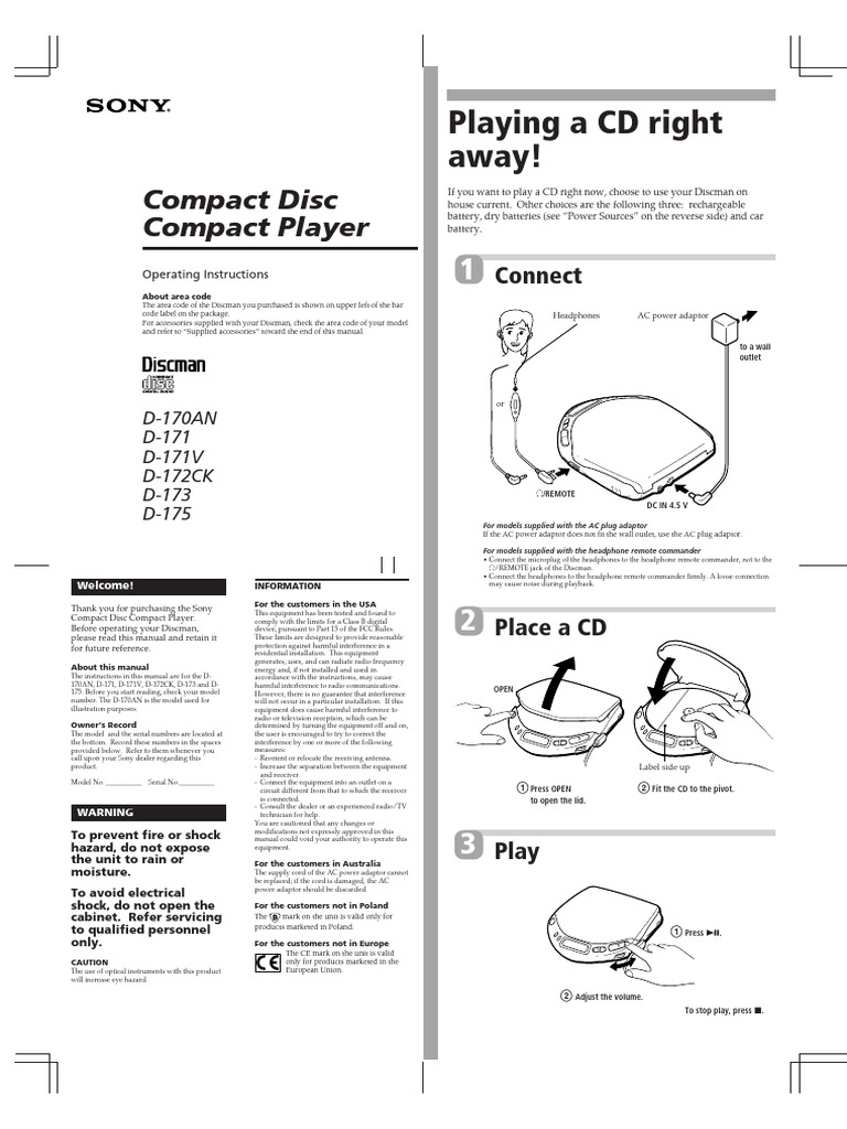 Guia de Uso do Sony Discman D-170 | PDF | Tecnologia de som | Gravação
