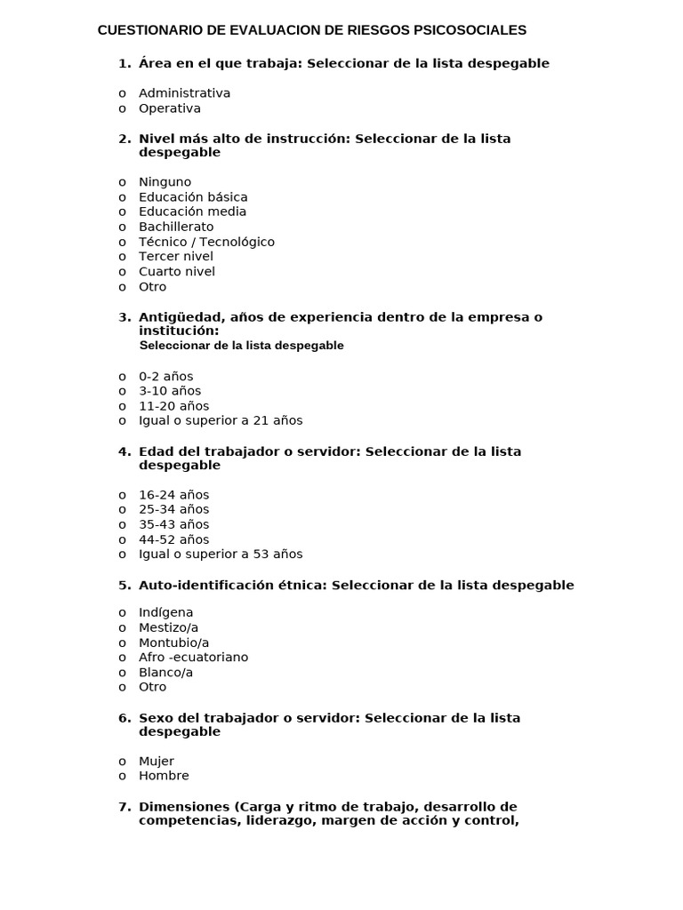 Cuestionario de Evaluacion de Riesgos Psicosociales | PDF