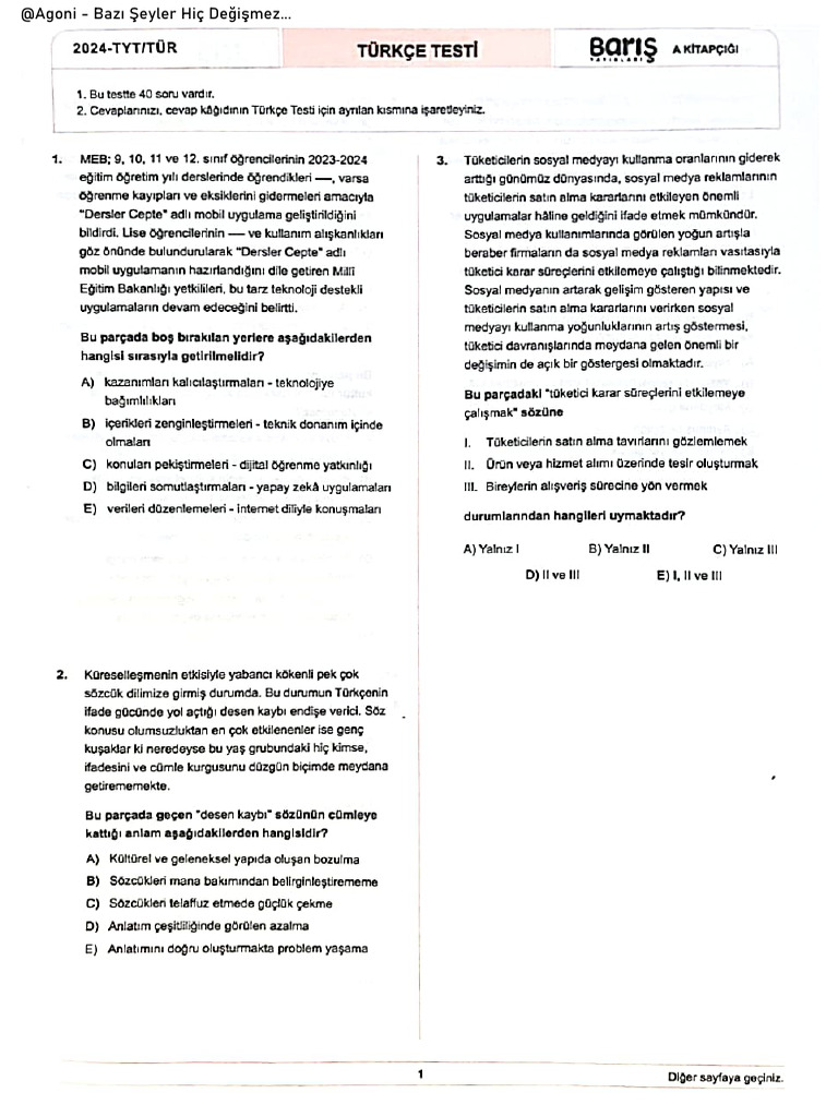 2024 Barış Yayınları Türkiye Geneli Deneme TYT 2 | PDF