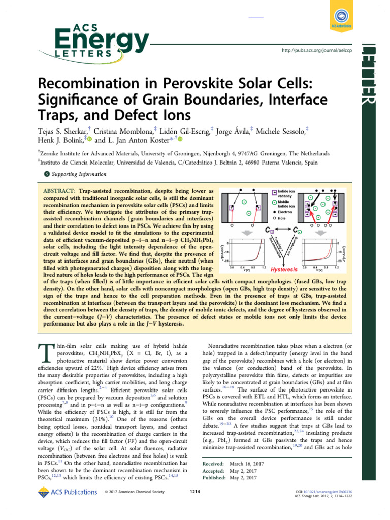 Sherkar Et Al 2017 Recombination in Perovskite Solar Cells Significance of Grain Boundaries ...